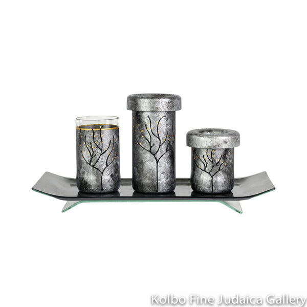 Havdalah Set, Glass with Hand Painted Tree of Life, Gray Tones - Kolbo ...