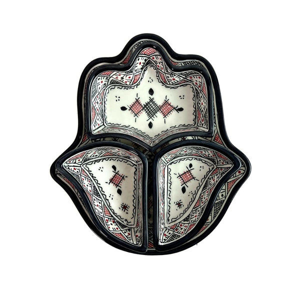 Hamsa with Four Serving Dishes, Hand-Painted in Morocco, Red and Black ...