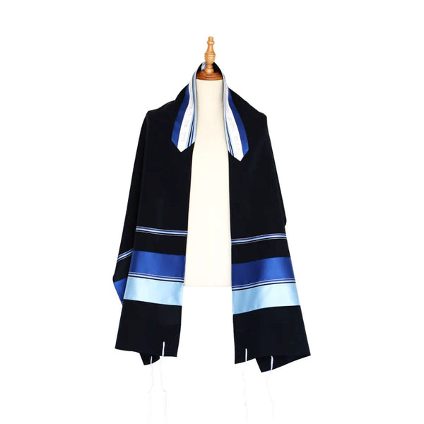 Tallit Set, Multi Blue Striping with Silver Detail, Dark Blue Backgrou ...