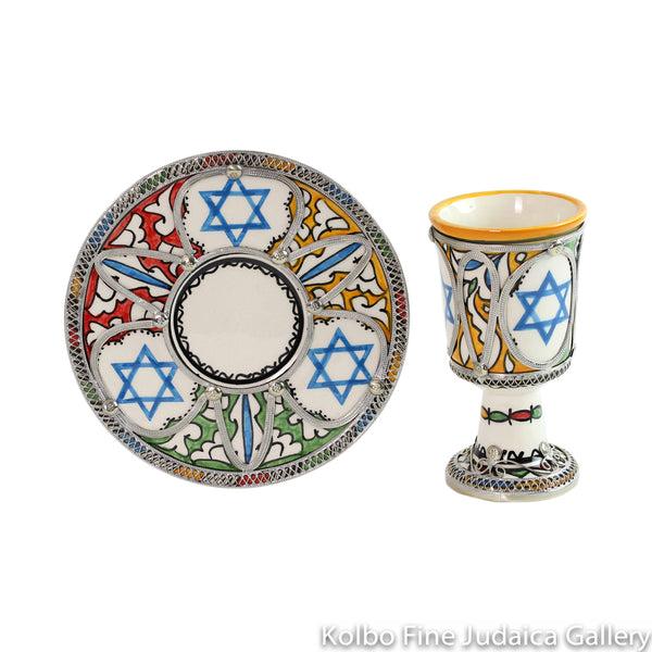 Kiddush Cup and Saucer, Hand-Painted, Sterling Silver Plate and Cerami ...