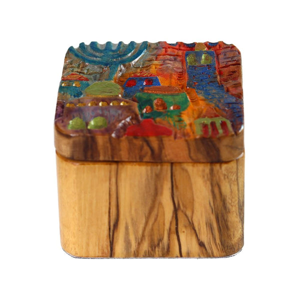 Box, For Jewelry or Spices, Hand Carved Olive Wood with Jerusalem, Pai ...