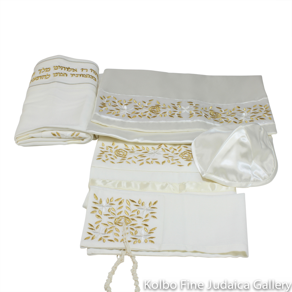 Tallit Set, Embroidered Vine Design in Gold on White Brushed Cotton ...